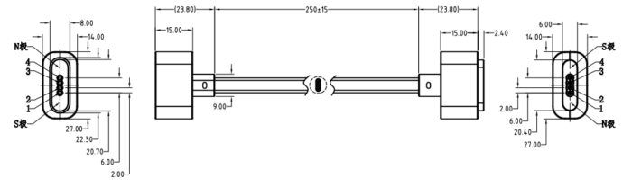 4 Pin square male and female magnetic cable connector